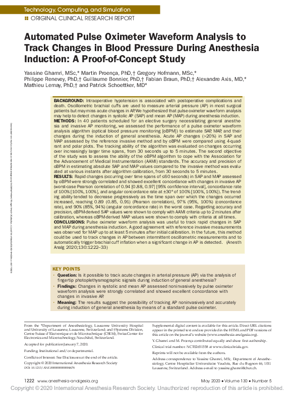 (PDF) Automated Pulse Oximeter Waveform Analysis to Track Changes in Blood Pressure During ...