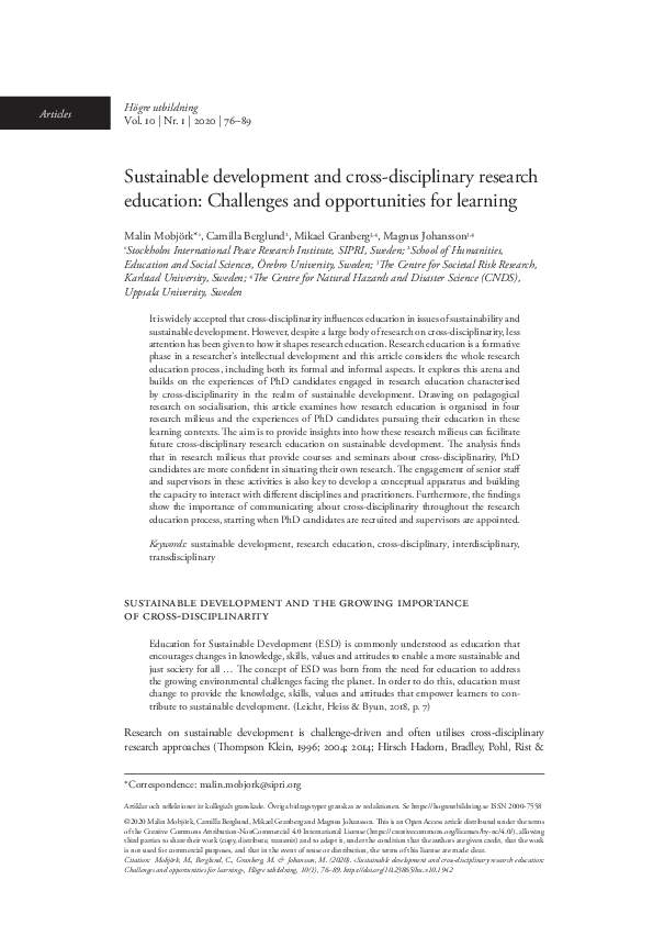 (PDF) Sustainable development and cross-disciplinary research education ...