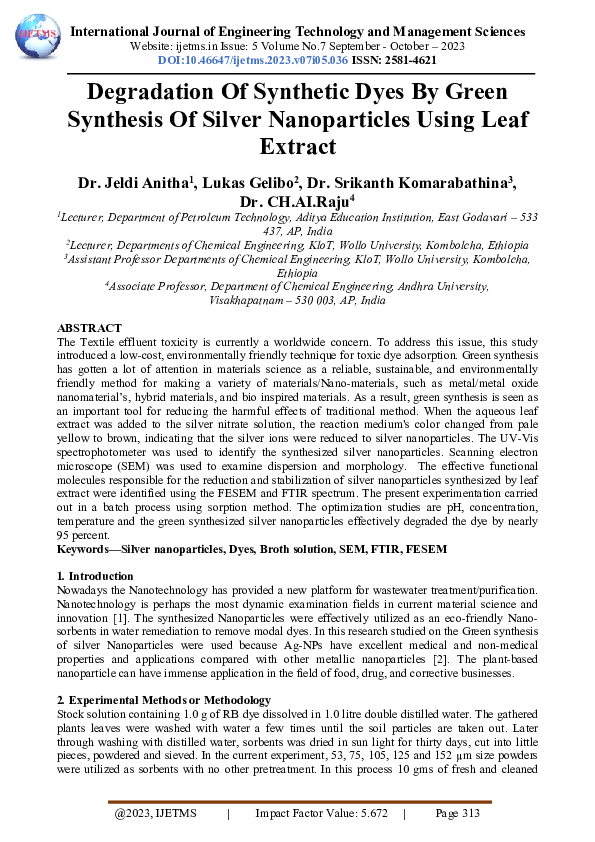 (PDF) Degradation Of Synthetic Dyes By Green Synthesis Of Silver Nanoparticles Using Leaf Extract