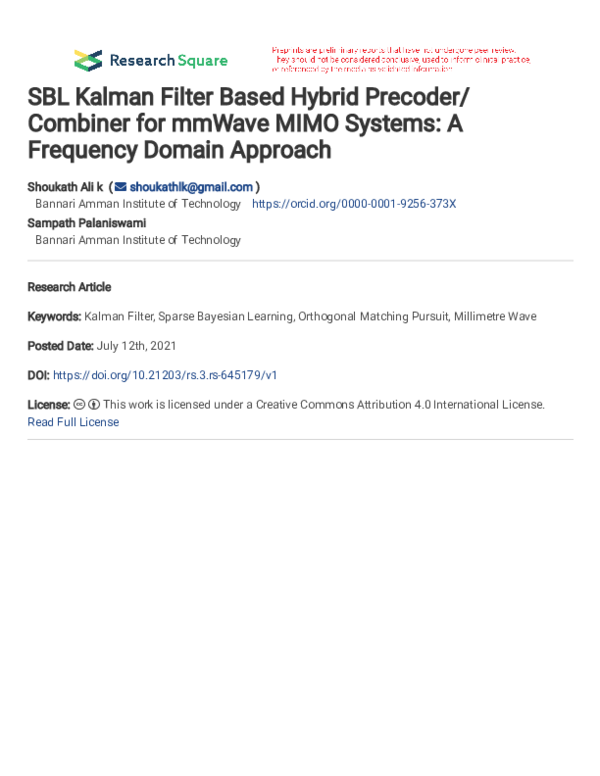 (PDF) SBL Kalman Filter Based Hybrid Precoder/ Combiner for mmWave MIMO Systems: A Frequency ...
