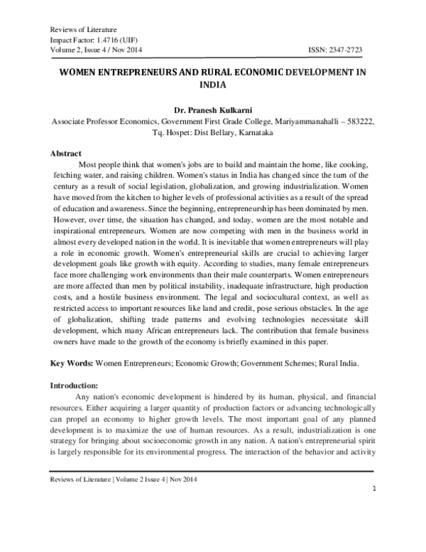 (PDF) WOMEN ENTREPRENEURS AND RURAL ECONOMIC DEVELOPMENT IN INDIA
