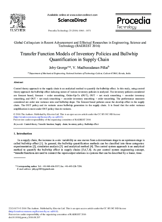 (PDF) Transfer Function Models of Inventory Policies and Bullwhip Quantification in Supply Chain