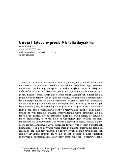 (PDF) Utrata i żałoba w prozie Michaiła Szyszkina