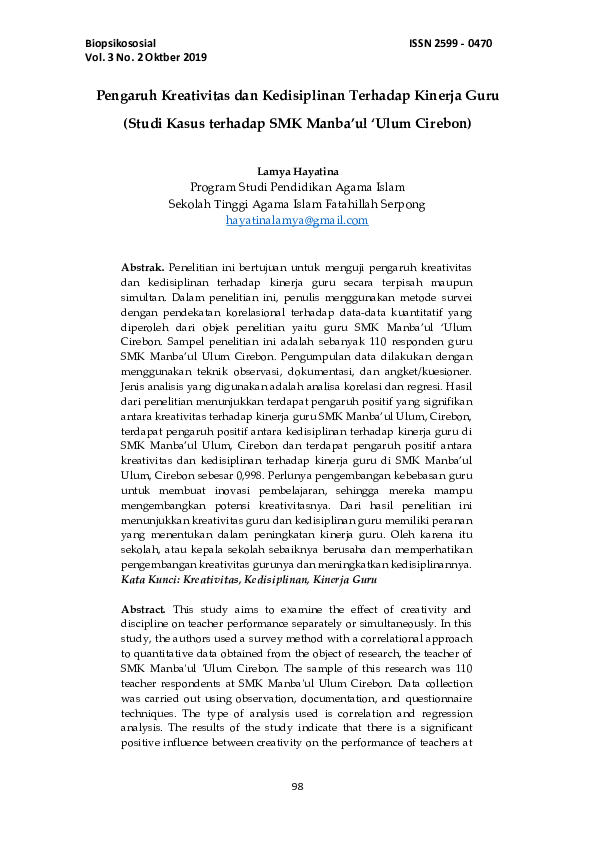 (PDF) Pengaruh Kreativitas Dan Kedisiplinan Terhadap Kinerja Guru