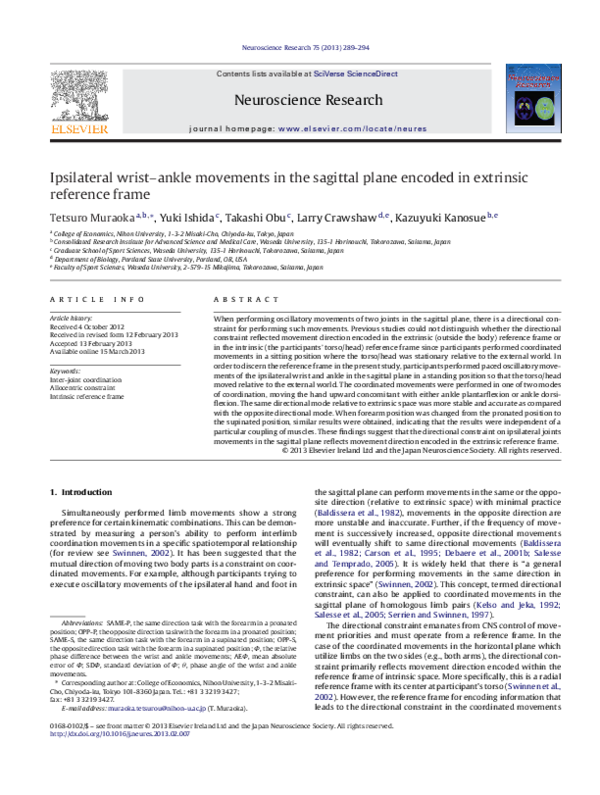 (PDF) Ipsilateral wrist–ankle movements in the sagittal plane encoded ...