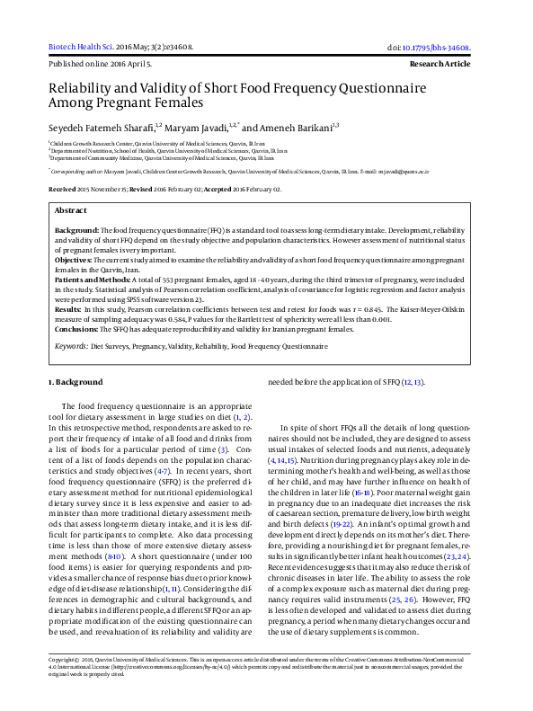 (PDF) Reliability and Validity of Short Food Frequency Questionnaire ...