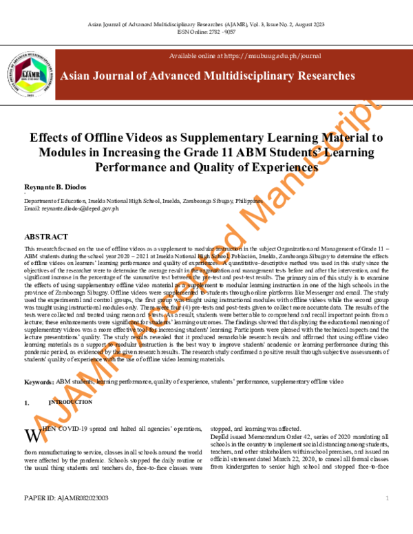 (PDF) Effects of Offline Videos as Supplementary Learning Material to ...