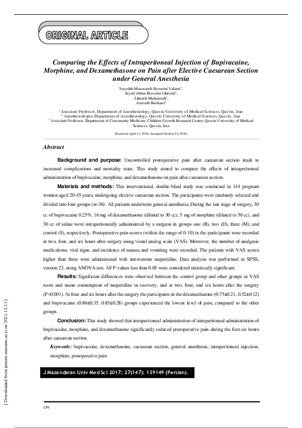 (PDF) Comparing the Effects of Intraperitoneal Injection of Bupivacaine ...