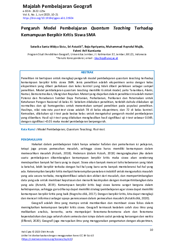 (PDF) Pengaruh Model Pembelajaran Quantum Teaching Terhadap Kemampuan Berpikir Kritis Siswa SMA