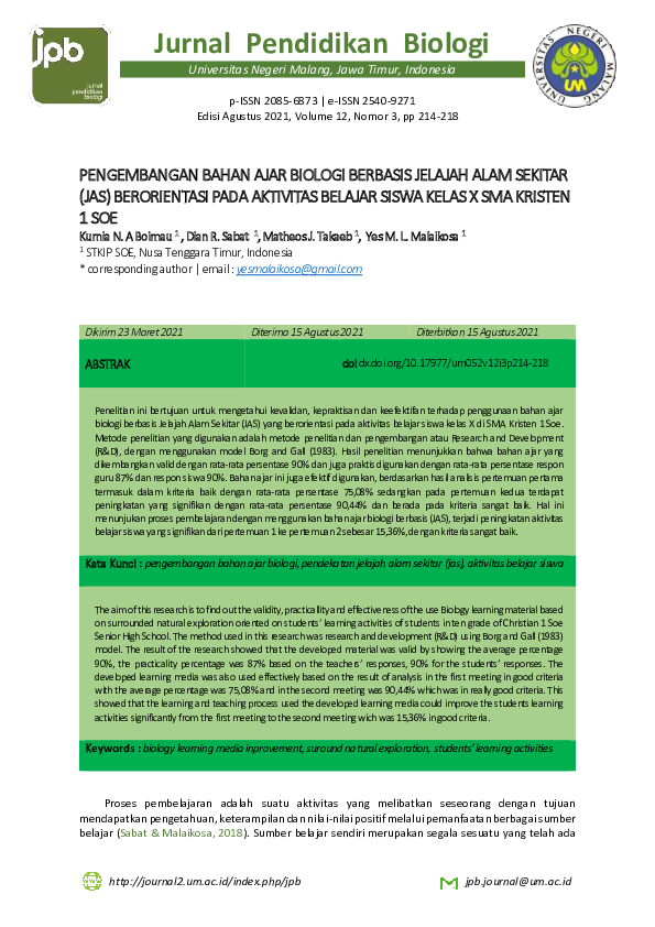 (PDF) Pengembangan Bahan Ajar Biologi Berbasis Jelajah Alam Sekitar (Jas) Berorientasi Pada ...