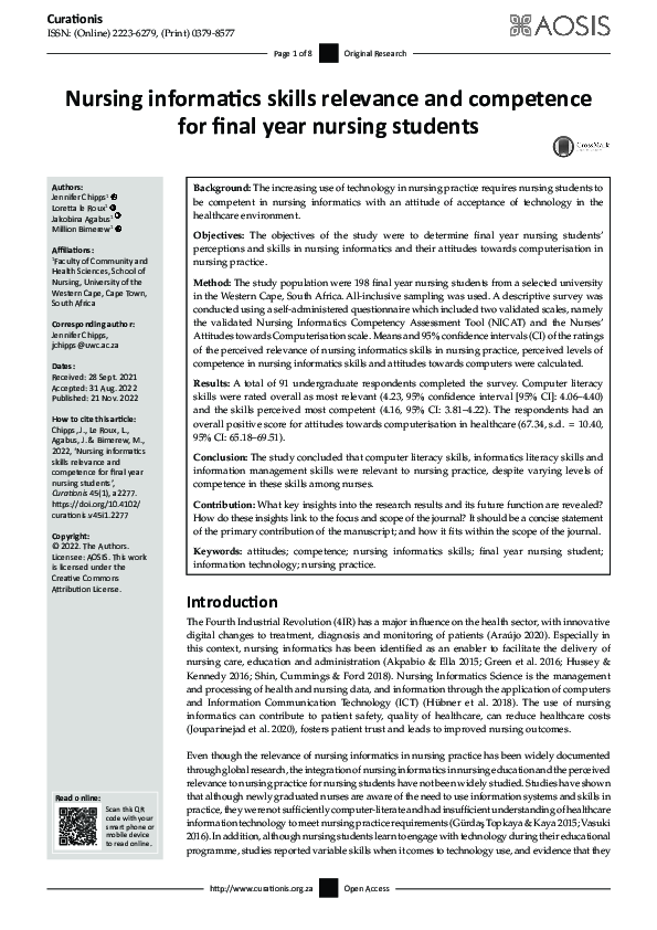 (PDF) Nursing informatics skills relevance and competence for final year nursing students