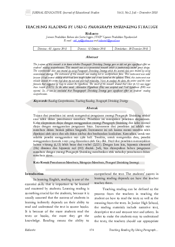 (PDF) Teaching Reading by Using Paragraph Shrinking Strategy