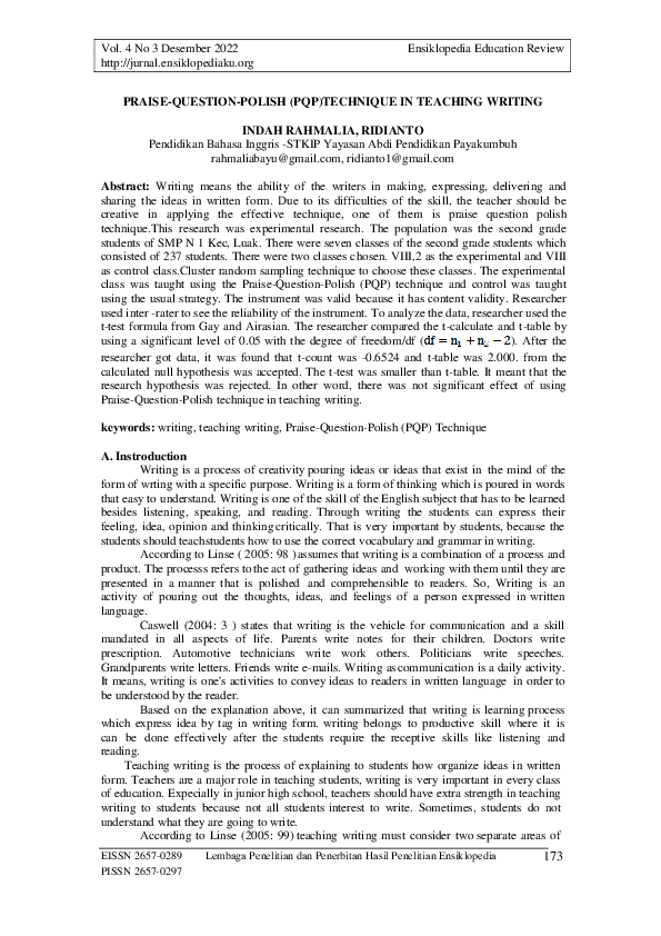 (PDF) Praise-Question-Polish (PQP) Technique in Teaching Writing