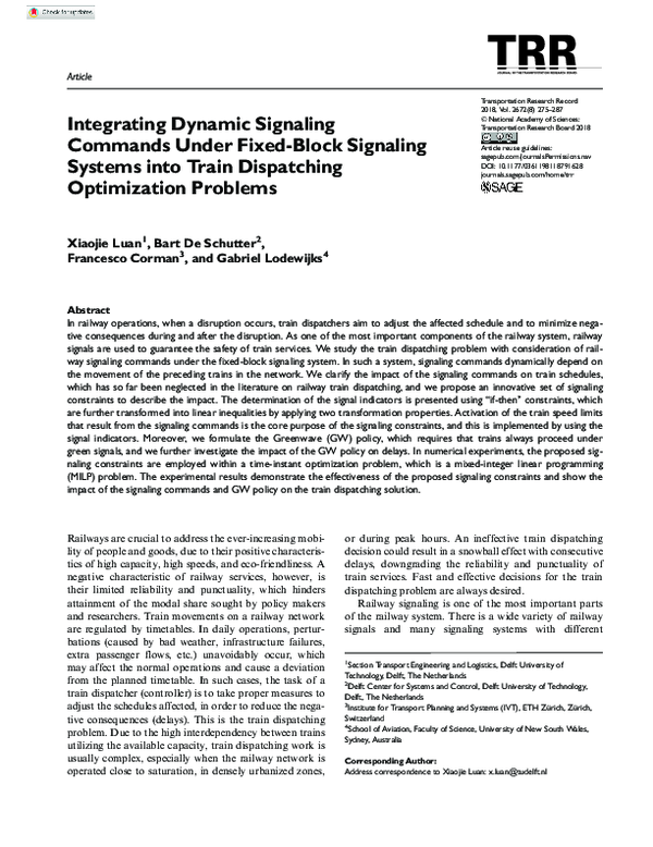 Pdf Integrating Dynamic Signaling Commands Under Fixed Block Signaling Systems Into Train