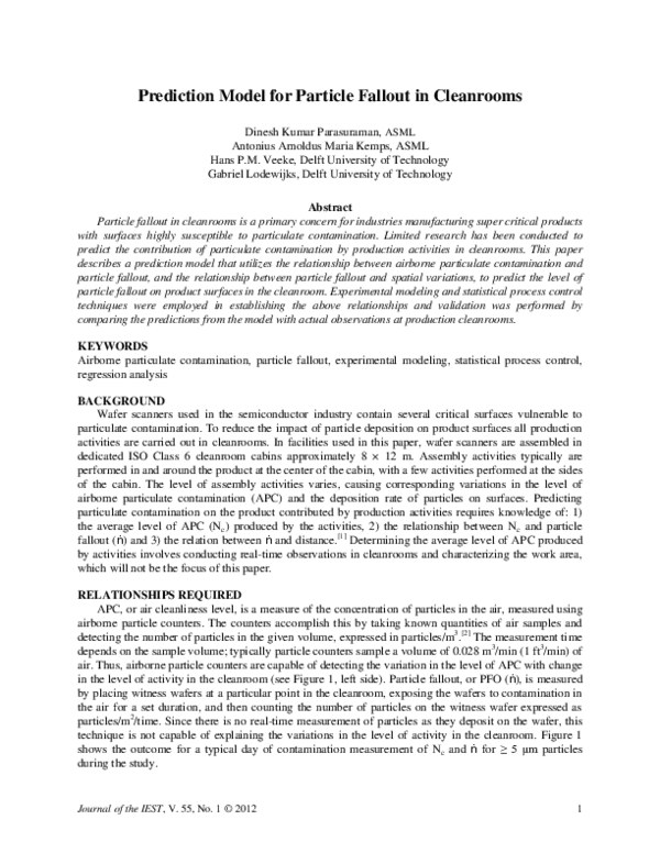 (PDF) Prediction Model for Particle Fallout in Cleanrooms