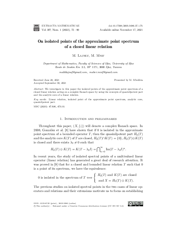 (PDF) On isolated points of the approximate point spectrum of a closed linear relation