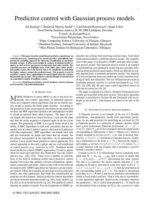 (PDF) Predictive control with Gaussian process models | Jus Kocijan - Academia.edu