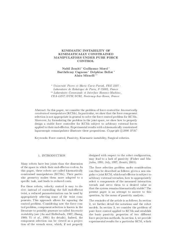 (PDF) Kinematic Instability of Kinematically Constrained Manipulators Under Pure Force Control