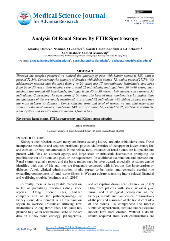 (PDF) Analysis Of Renal Stones By FTIR Spectroscopy