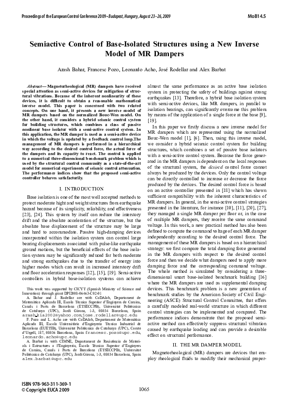 Pdf Semiactive Control Of Base Isolated Structures Using A New Inverse Model Of Mr Dampers
