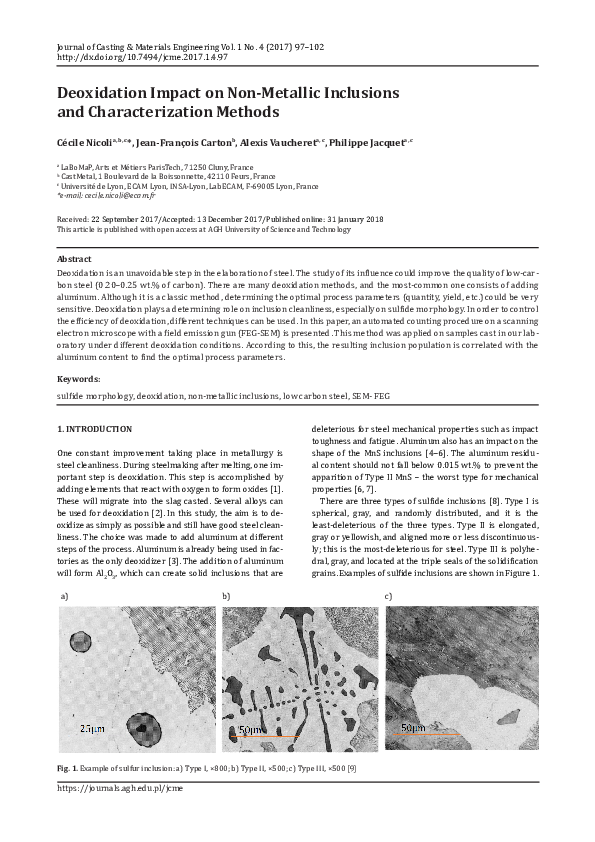 (PDF) Deoxidation Impact on Non-Metallic Inclusions and ...