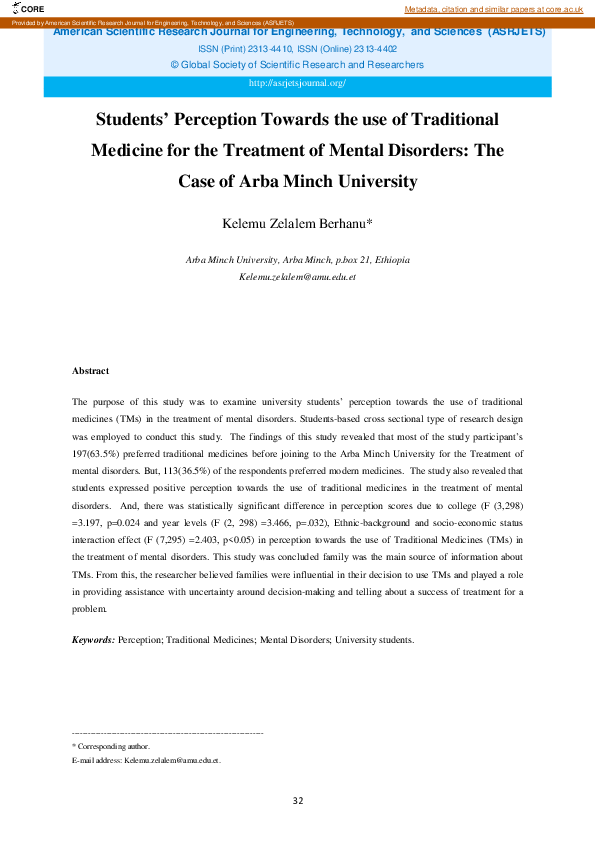 (PDF) Students’ Perception Towards the use of Traditional Medicine for the Treatment of Mental ...