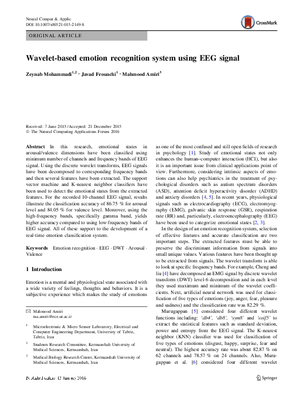 Pdf Wavelet Based Emotion Recognition System Using Eeg Signal
