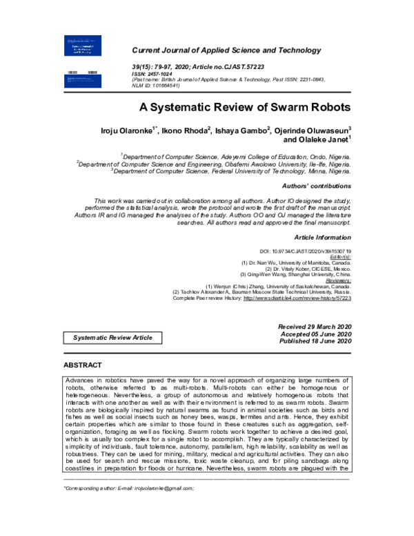 (PDF) A Systematic Review of Swarm Robots