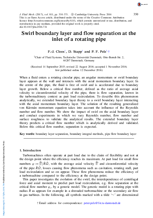 (PDF) Swirl boundary layer and flow separation at the inlet of a rotating pipe | Peter Pelz ...
