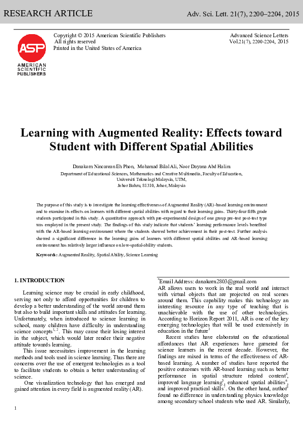 (PDF) Learning with Augmented Reality: Effects Toward Student with Different Spatial Abilities