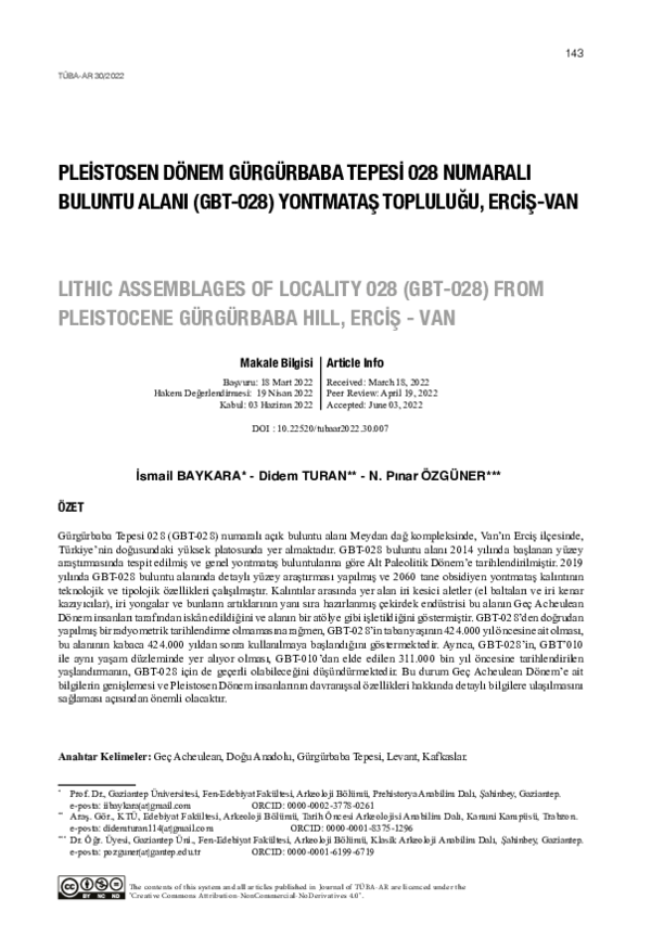(PDF) Lithic Assemblages of Locality 028 (GBT-028) from Pleistocene Gürgürbaba Hill, Erci̇ş - Van