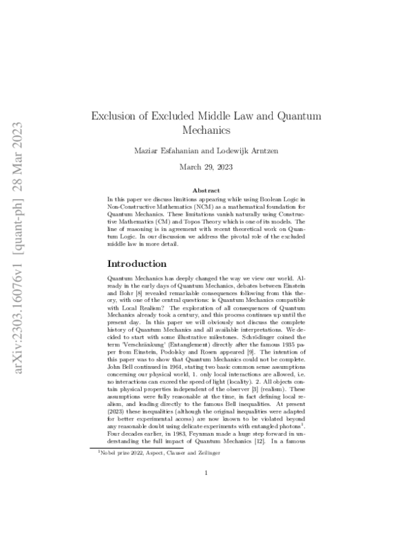 (PDF) Exclusion of Excluded Middle Law and Quantum Mechanics
