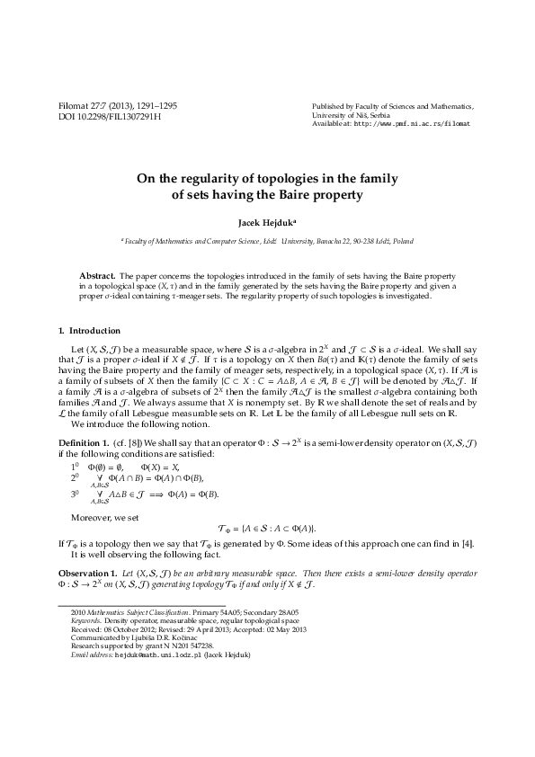 (PDF) On the regularity of topologies in the family of sets having the ...