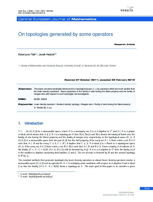 (PDF) On topologies generated by some operators