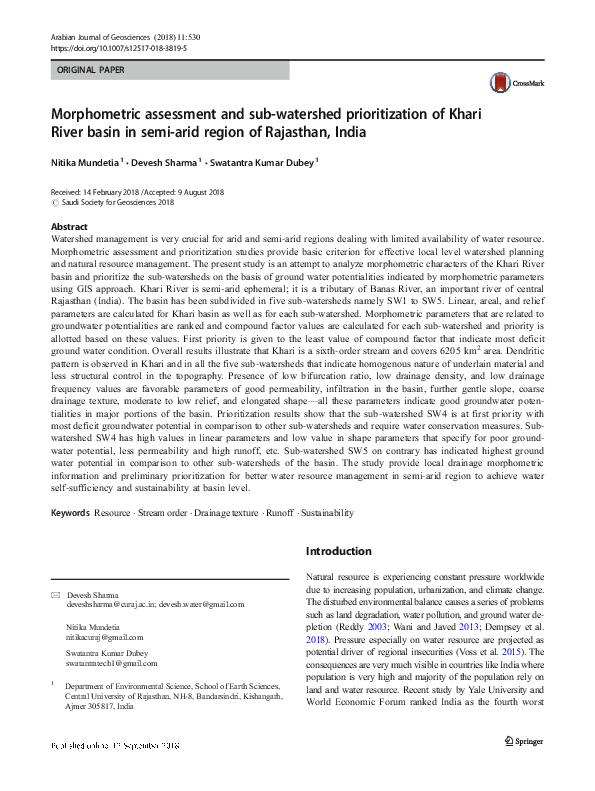 (PDF) Morphometric assessment and sub-watershed prioritization of Khari ...
