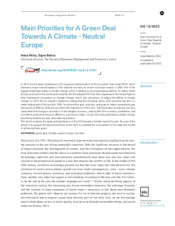 (PDF) Main Priorities for a Green Deal Towards a Climate - Neutral Europe