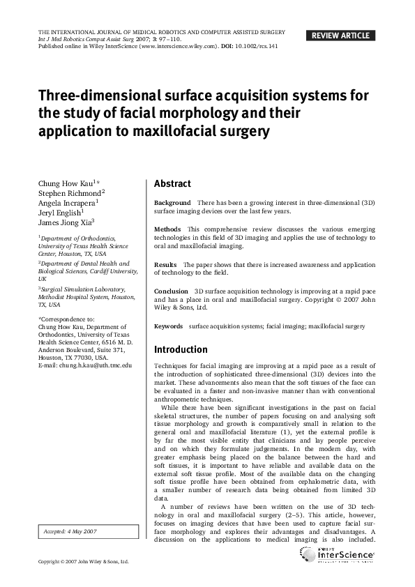 (PDF) Three-dimensional surface acquisition systems for the study of facial morphology and their ...