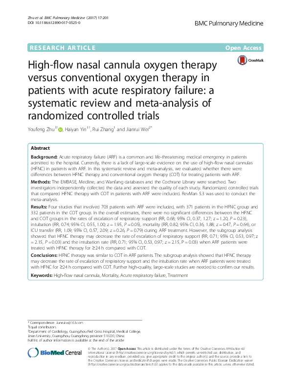 (PDF) High Flow Nasal Cannula Oxygen Therapy Versus Continous Positive ...
