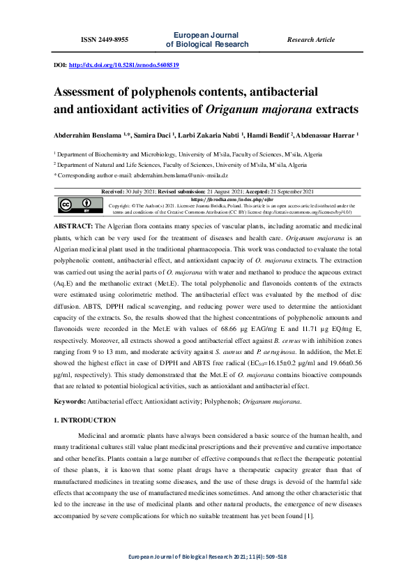 (PDF) Assessment of polyphenols contents, antibacterial and antioxidant activities of Origanum ...
