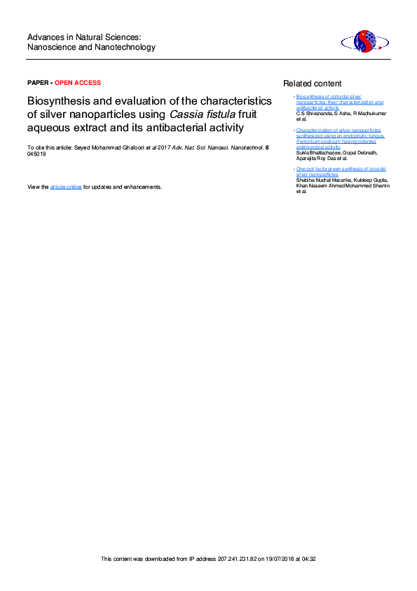 (PDF) Biosynthesis and evaluation of the characteristics of silver nanoparticles using Cassia ...