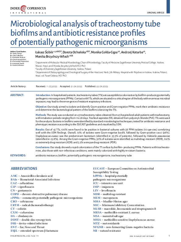 (PDF) Microbiological analysis of tracheostomy tube biofilms and antibiotic resistance profiles ...