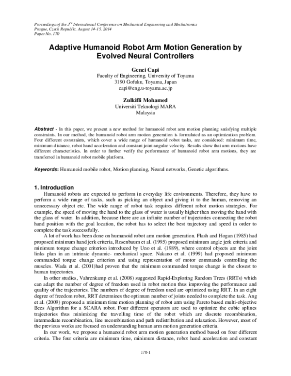 Pdf Adaptive Humanoid Robot Arm Motion Generation By Evolved Neural Controllers