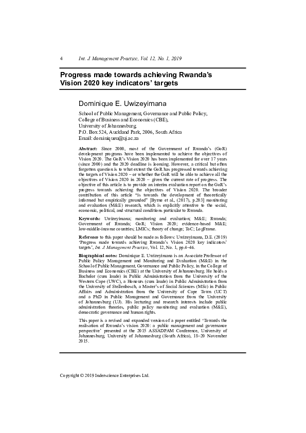 (PDF) Progress made towards achieving Rwanda's Vision 2020 key ...