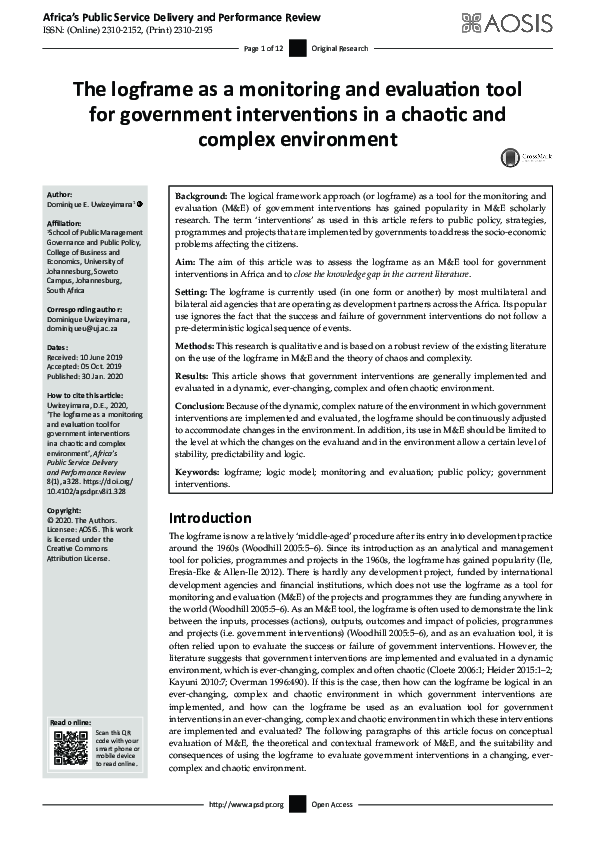 (PDF) The logframe as a monitoring and evaluation tool for government interventions in a chaotic ...