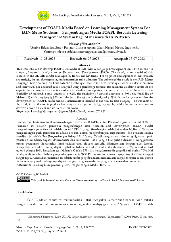 (PDF) Development of TOAFL Media Based on Learning Management System For IAIN Metro Students ...