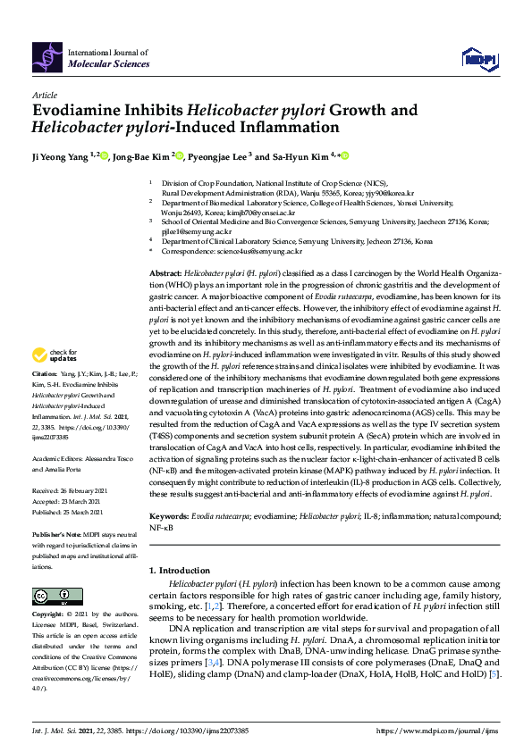 (PDF) Evodiamine Inhibits Helicobacter pylori Growth and Helicobacter ...