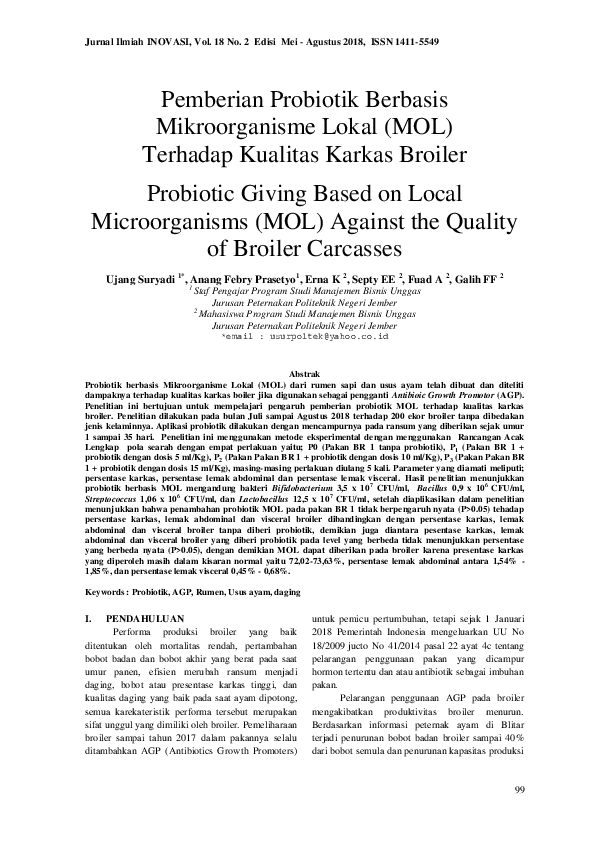 (PDF) Pemberian Probiotik Berbasis Mikroorganisme Lokal (MOL) Terhadap Kualitas Karkas Broiler