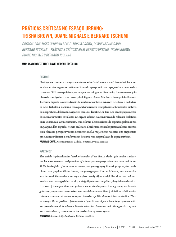 (PDF) Práticas críticas no espaço urbano: Trisha Brown, Duane Michals e ...
