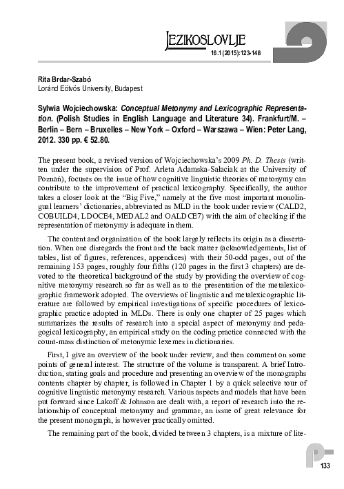 (PDF) Sylwia Wojciechowska: Conceptual Metonymy and Lexicographic ...