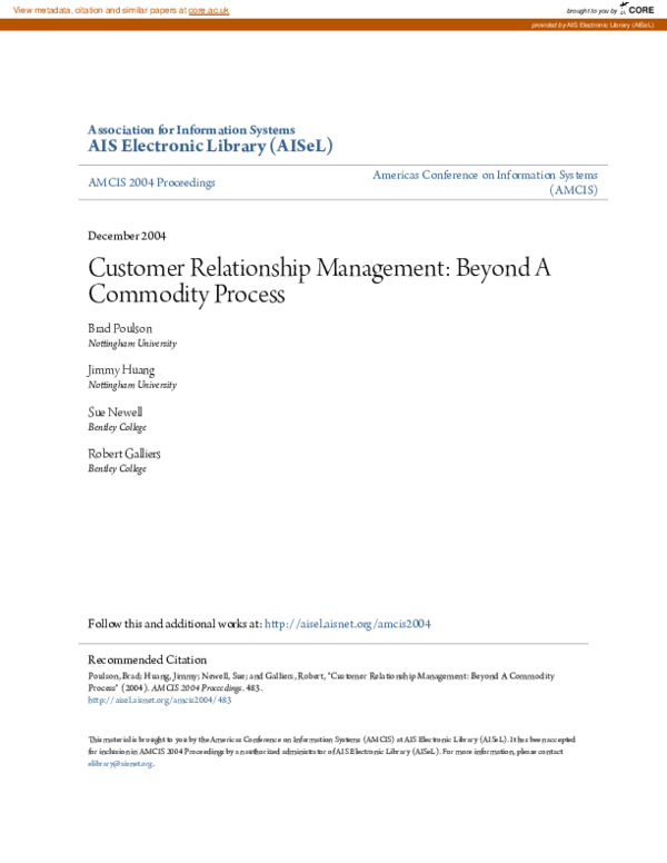 (PDF) Customer Relationship Management: Beyond A Commodity Process